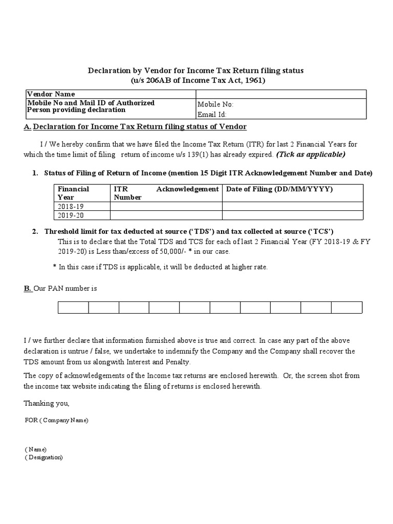 Declaration by Vendor For Income Tax Return Filing Status (U/s 206AB of ...
