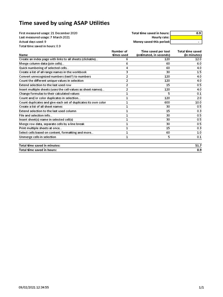 Time Saved by Using ASAP Utilities | PDF | Computing | Microsoft Excel