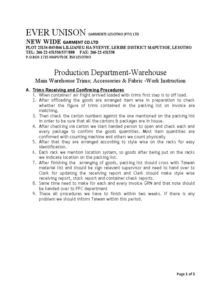02.technical PRD Work Instructions Warehouse Fabric & Trims | PDF ...