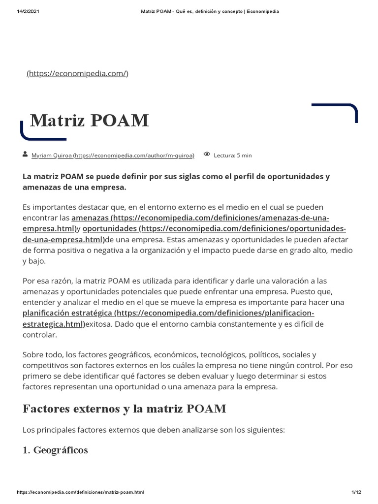 Matriz POAM - Qué Es, Definición y Concepto - Economipedia | PDF ...