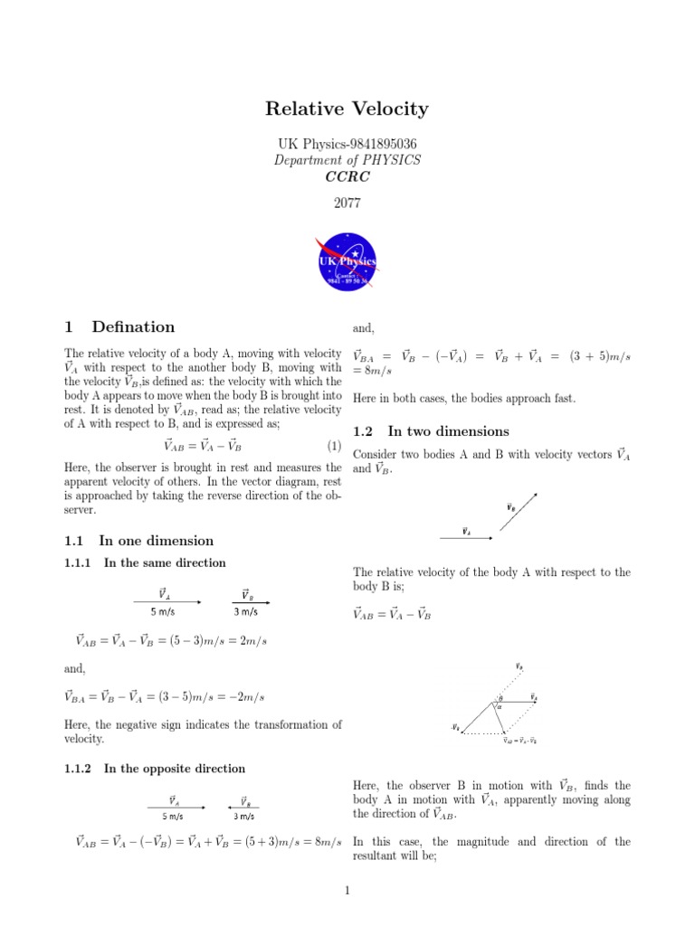 Relative Velocity | PDF | Velocity | Euclidean Vector