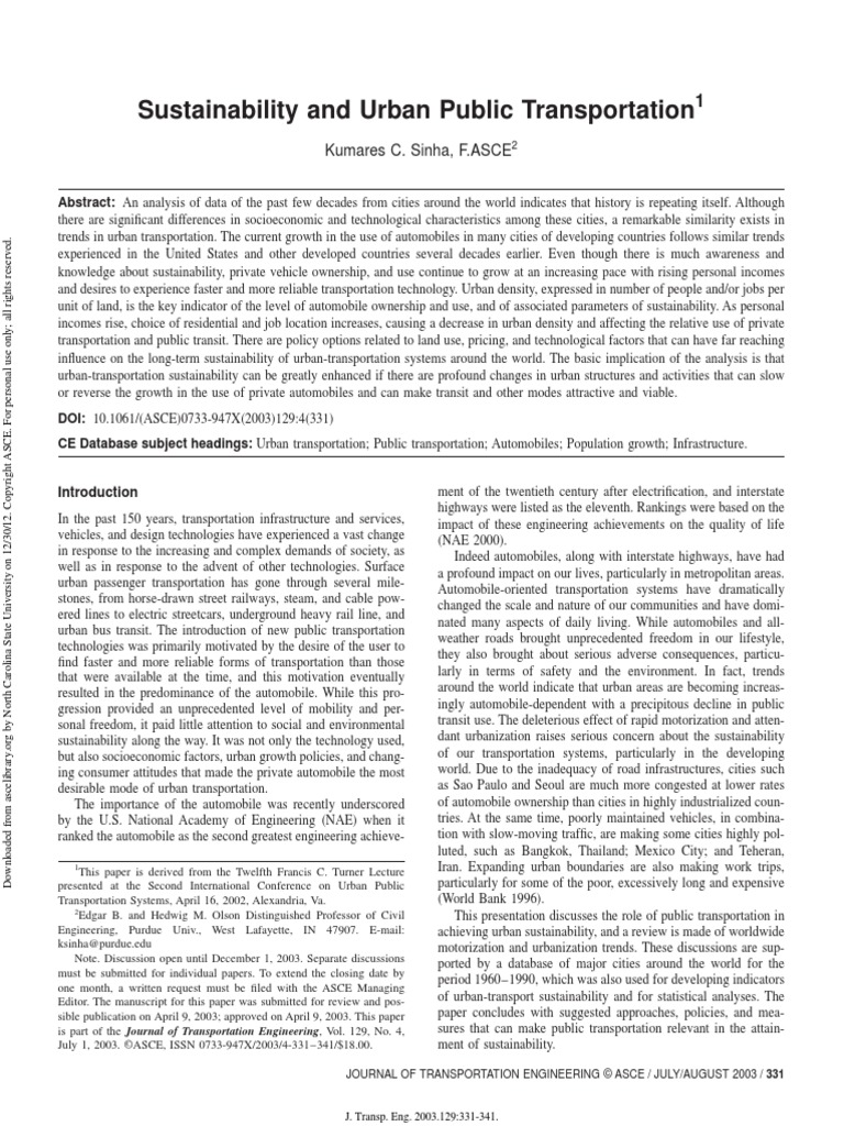Sustainability and Urban Public Transportation: Kumares C. Sinha, F ...
