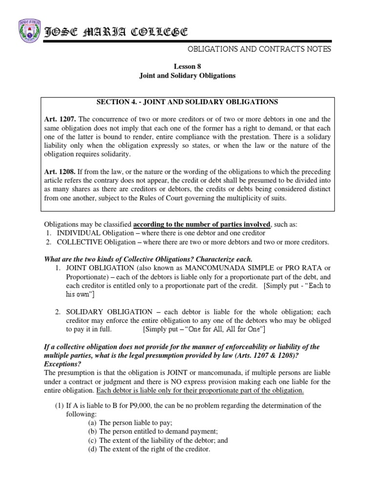Lesson 8 Joint and Solidary Obligations Student PDF | Download Free PDF ...