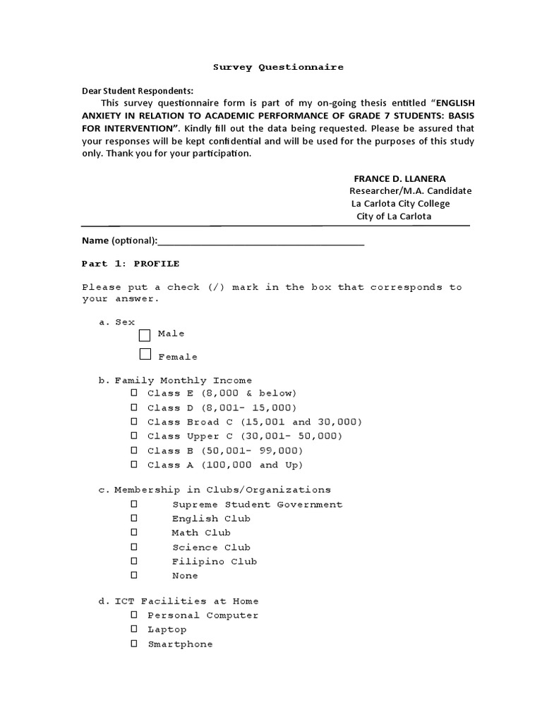 Survey Questionnaire | PDF | English Language | English As A Second Or ...