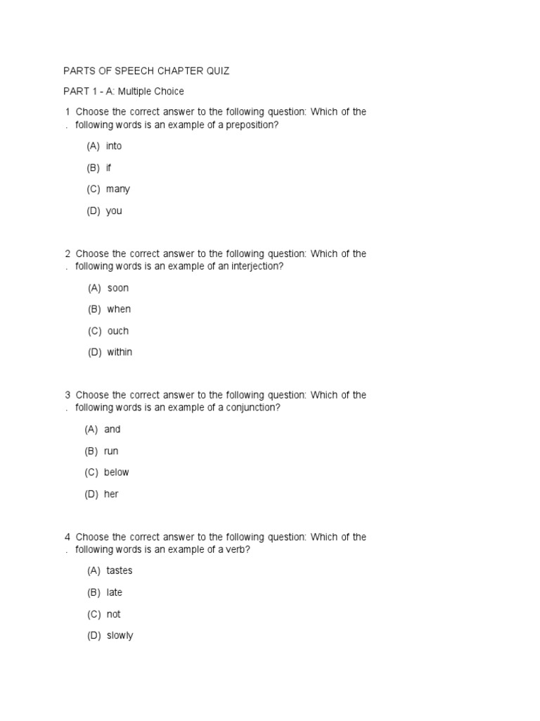 Parts of Speech Quiz and Answers | PDF | Part Of Speech | Adverb