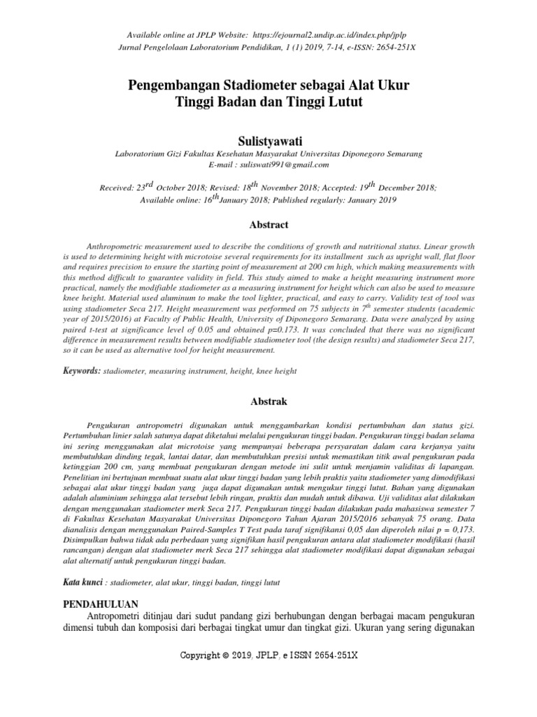 Pengembangan Stadiometer Sebagai Alat Ukur Tinggi Badan Dan Tinggi ...