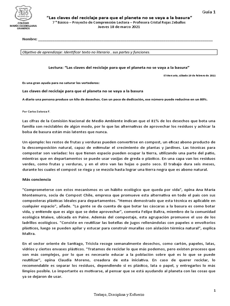 Guía 7° Comprensión Lectora 1 | PDF | Residuos | Reciclaje