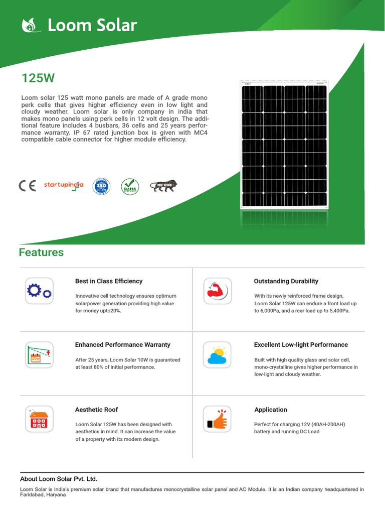 Loom Solar 125W Mono Panel Features | PDF | Solar Panel | Electromagnetism