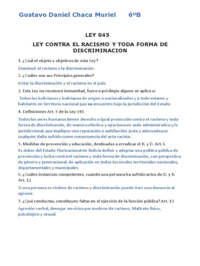 LEY 045 Examennnnnn | PDF | Discriminación y relaciones raciales | Racismo
