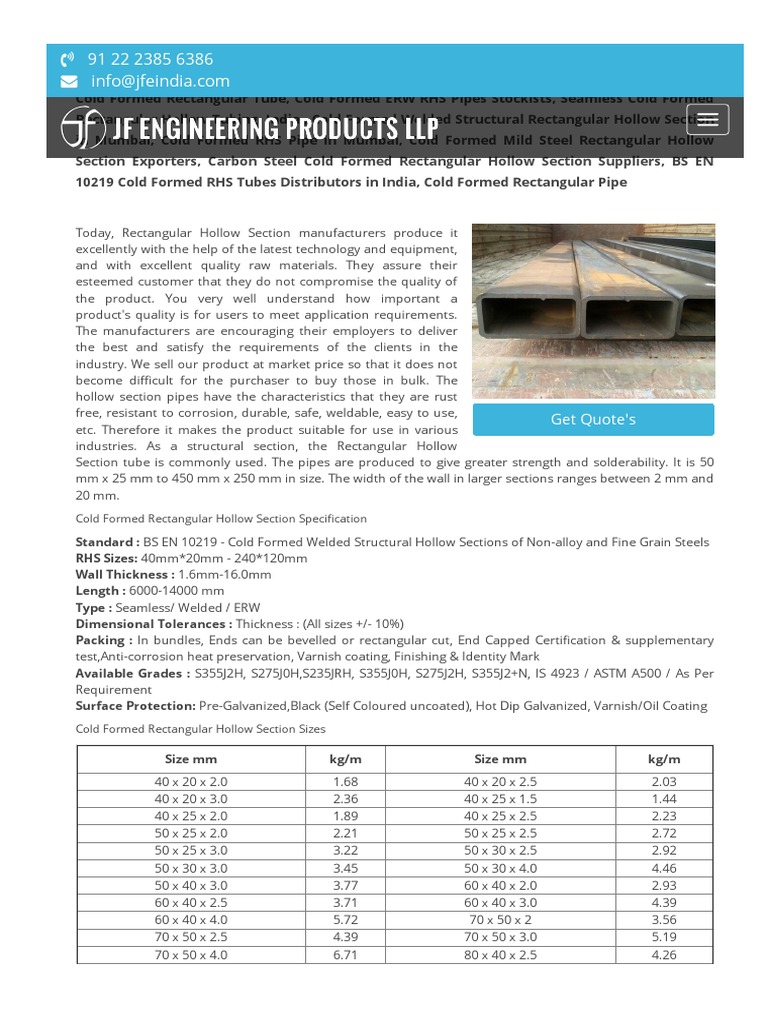 Rectangular Hollow Section Specifications | PDF | Pipe (Fluid ...
