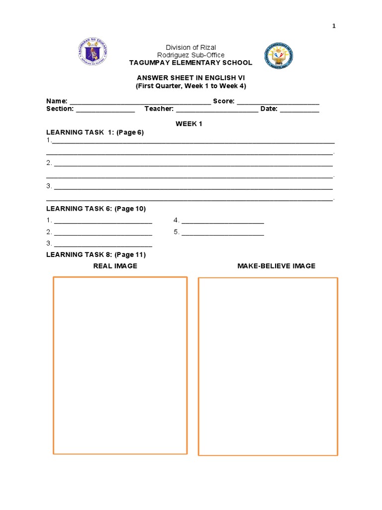 Grade 6 Answer Sheet in English Week 1 To 4 Sample Only Wala Direction ...