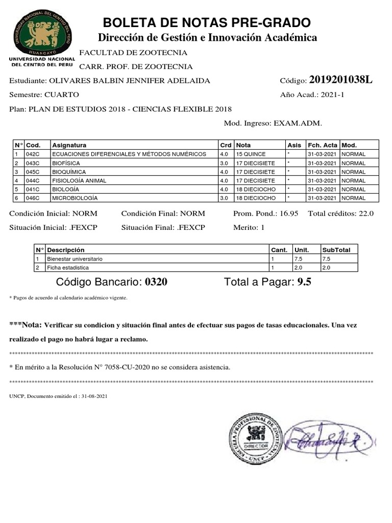 Boleta de Notas Pre-Grado: Dirección de Gestión e Innovación Académica ...