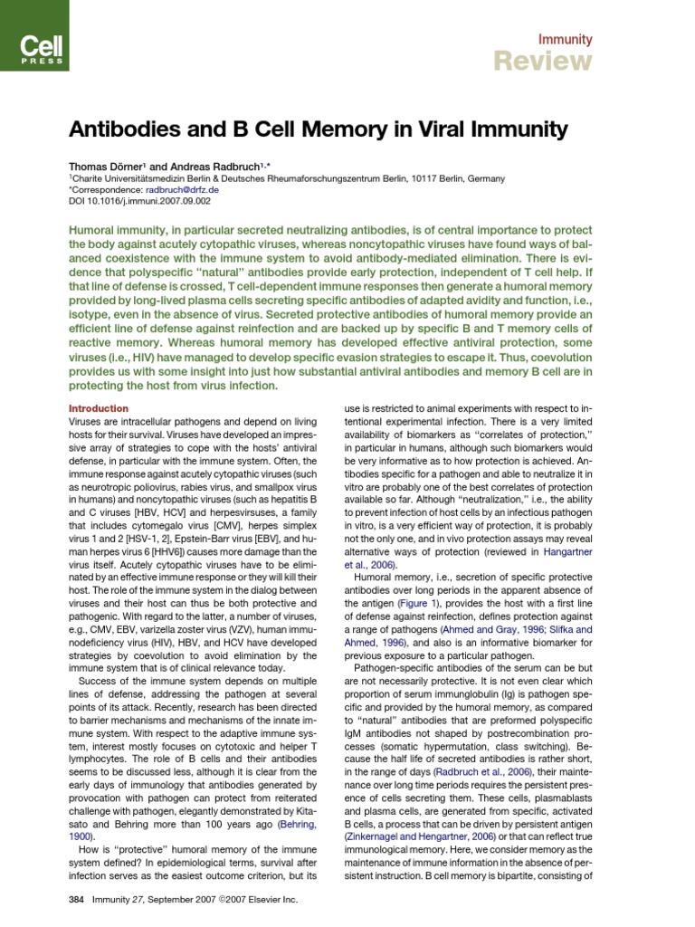 Antibodies and B Cell Memory in Viral Immunity | PDF | Immune System ...