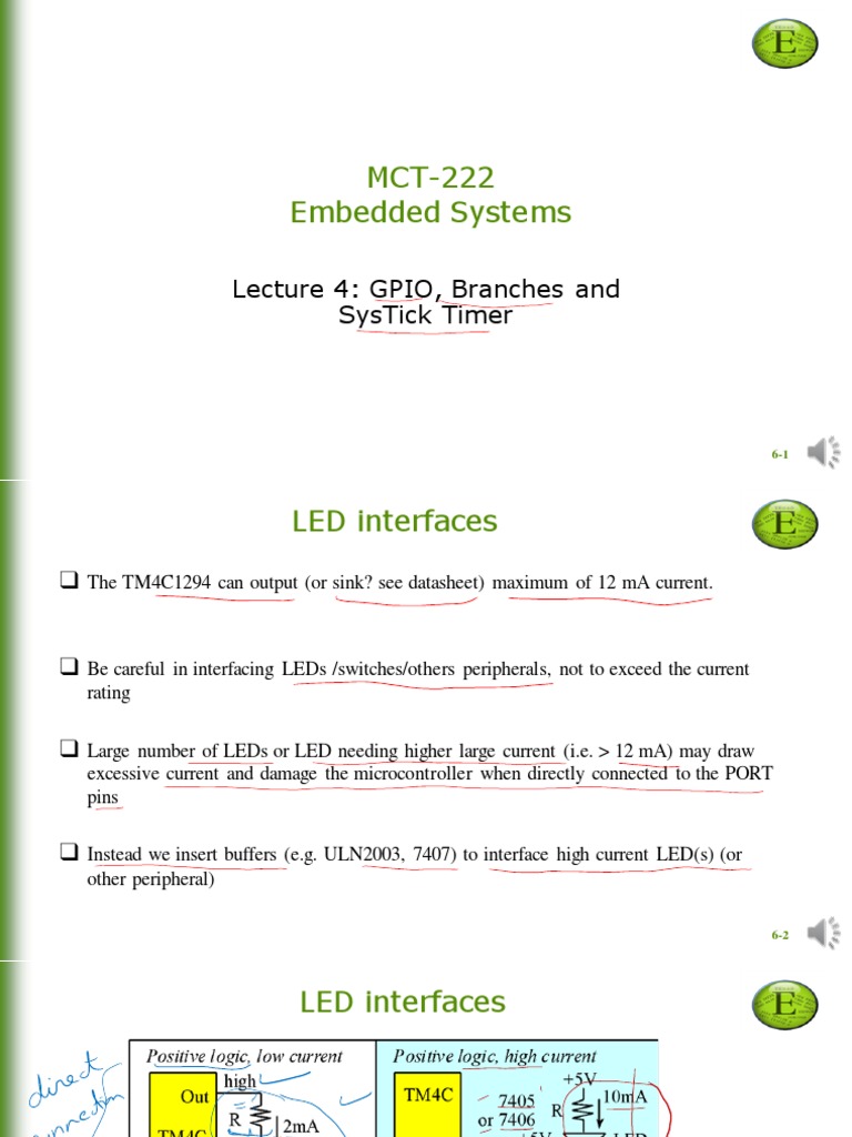 Mct-222 Embedded Systems: Lecture 4: Gpio, Branches and Systick Timer | PDF | Electronic ...