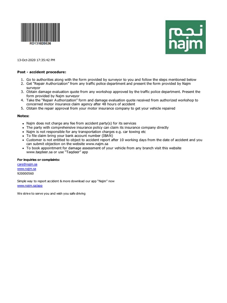 Post - Accident Procedure:: 13-Oct-2020 17:35:42 PM | PDF | Financial ...