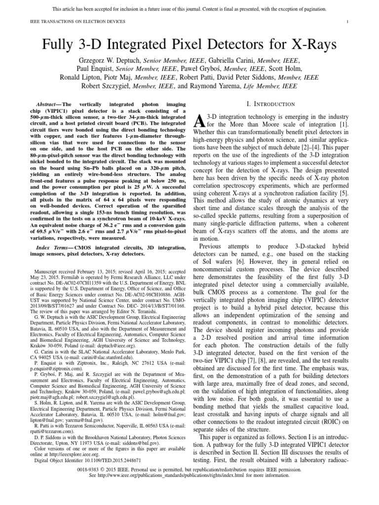 Fully 3-D Integrated Pixel Detectors For X-Rays | PDF | Integrated ...
