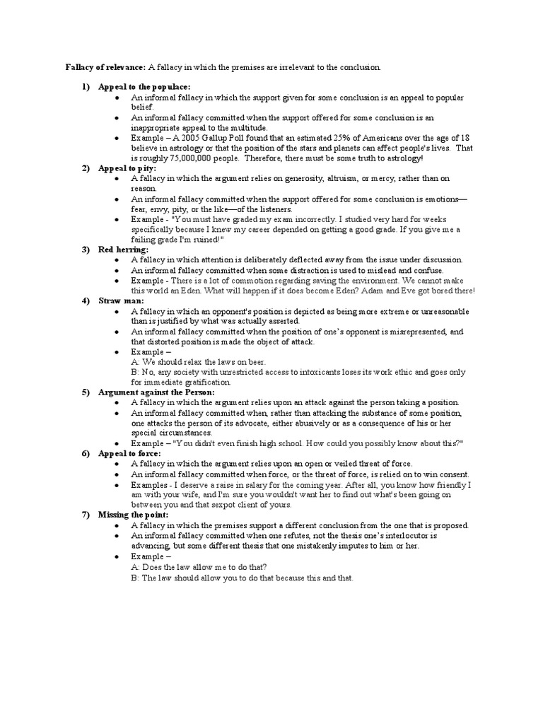Fallacy of Relevance: A Fallacy in Which The Premises Are Irrelevant To ...