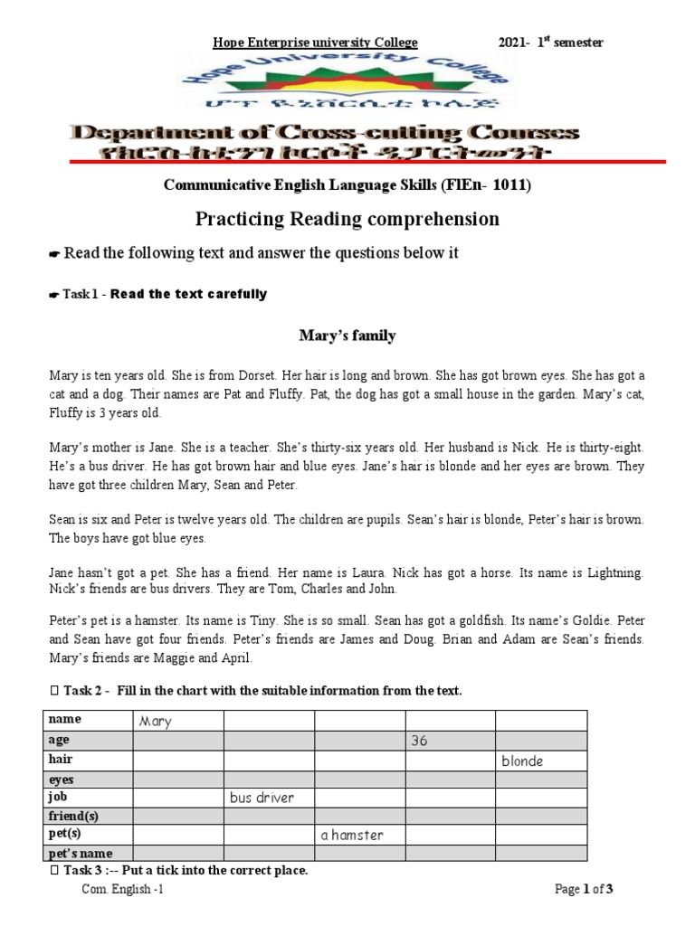 Practicing Reading Comprehension: Read The Following Text and Answer ...