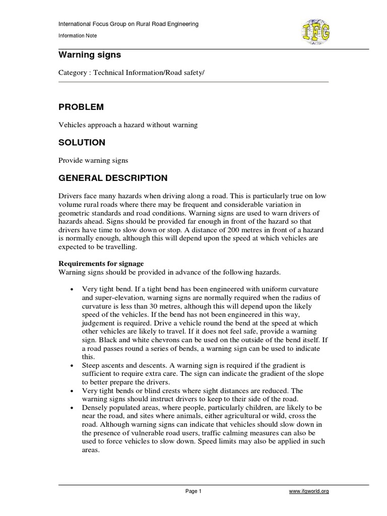 Warning Signs: Requirements For Signage | PDF | Road | Traffic