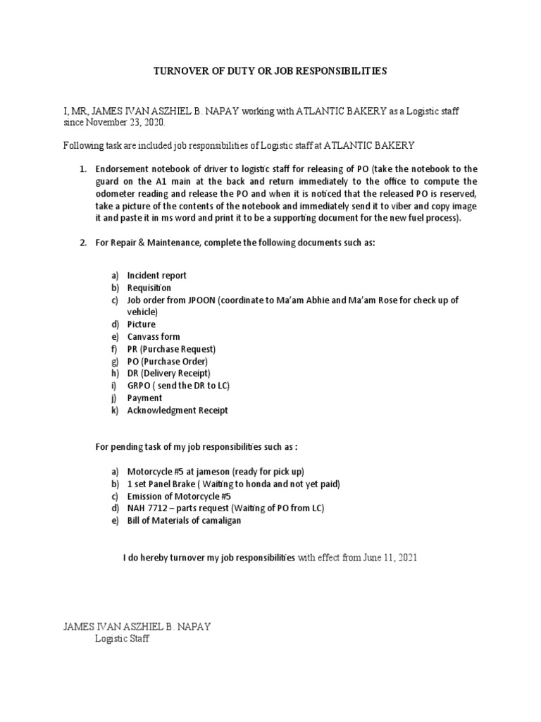 Turnover of Duty or Job Responsibilities: With Effect From June 11 ...