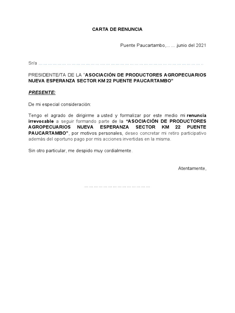 Modelo Carta Renuncia Asociacion Pdf