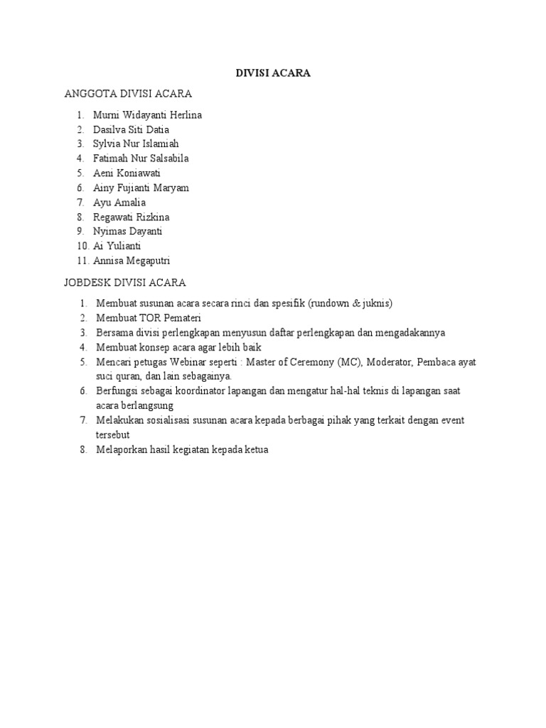 Jobdesk Divisi Acara | PDF