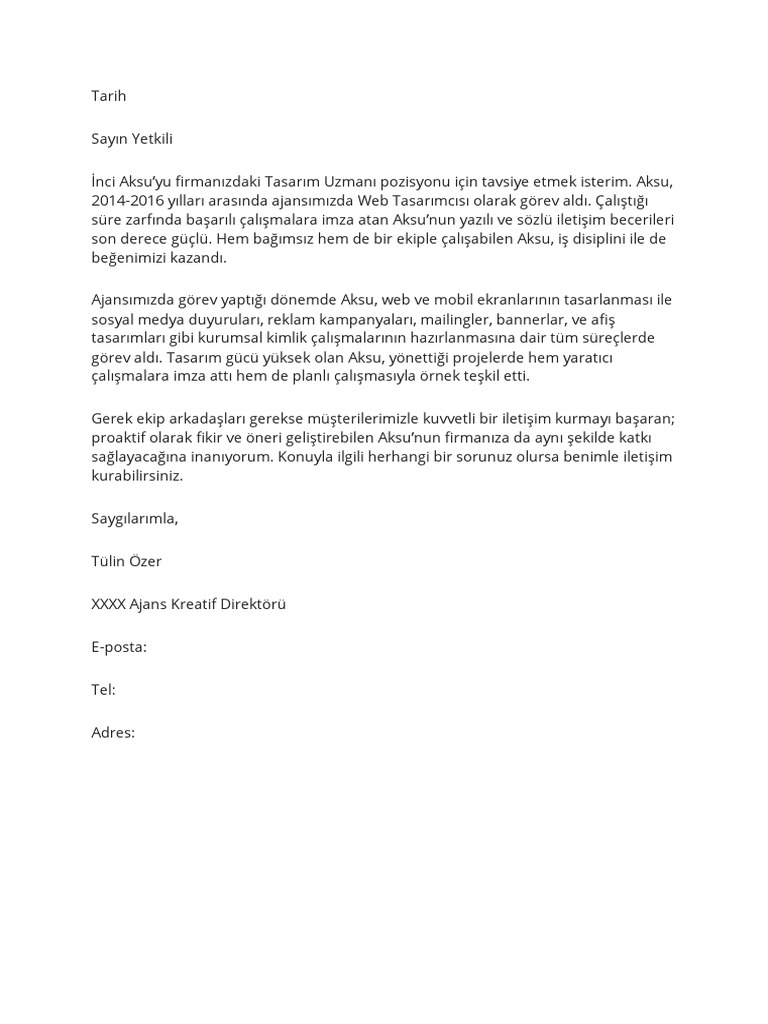 Referans Mektubu Ornegi Word | PDF