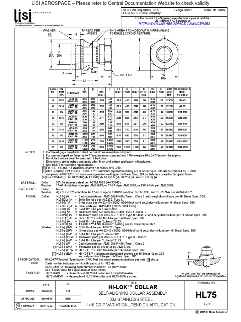 Hi-Lok™ Collar: 303 Stainless Steel 1/16 Grip Variation, Tension ...