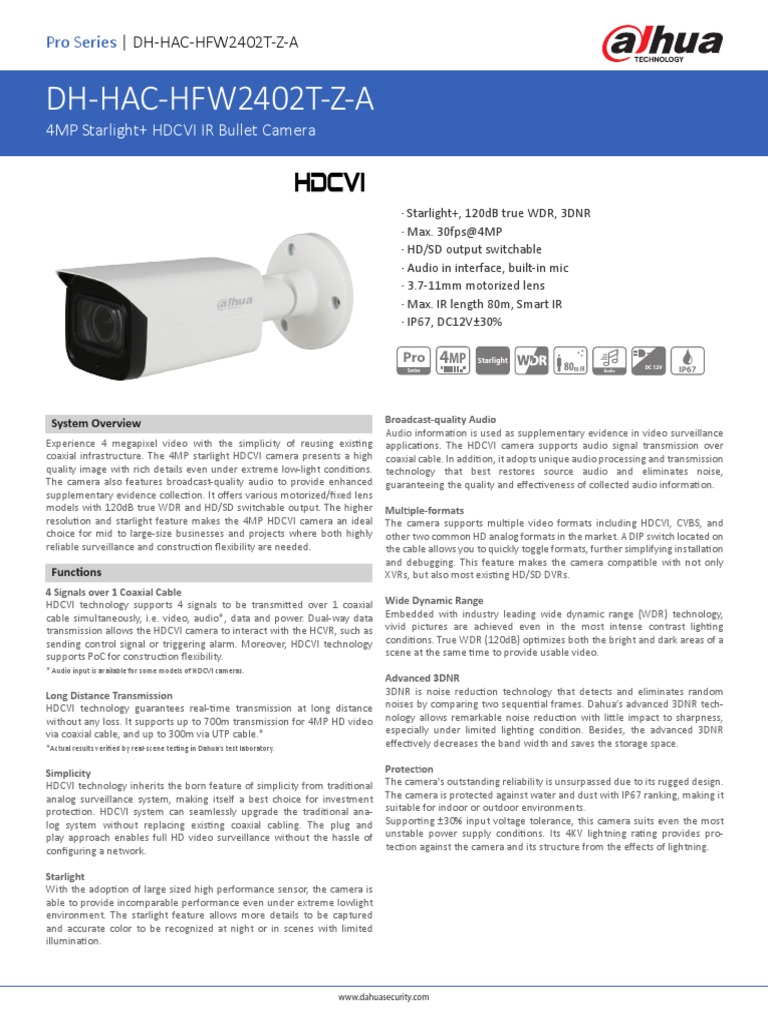 DH-HAC-HFW2402T-Z-A: 4MP Starlight+ HDCVI IR Bullet Camera | PDF ...