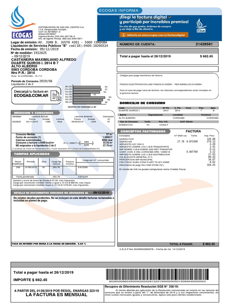 Factura Debito ECOGAS Nro 0400 10200324 000021428581 Cen | PDF | Pagos | Impuestos
