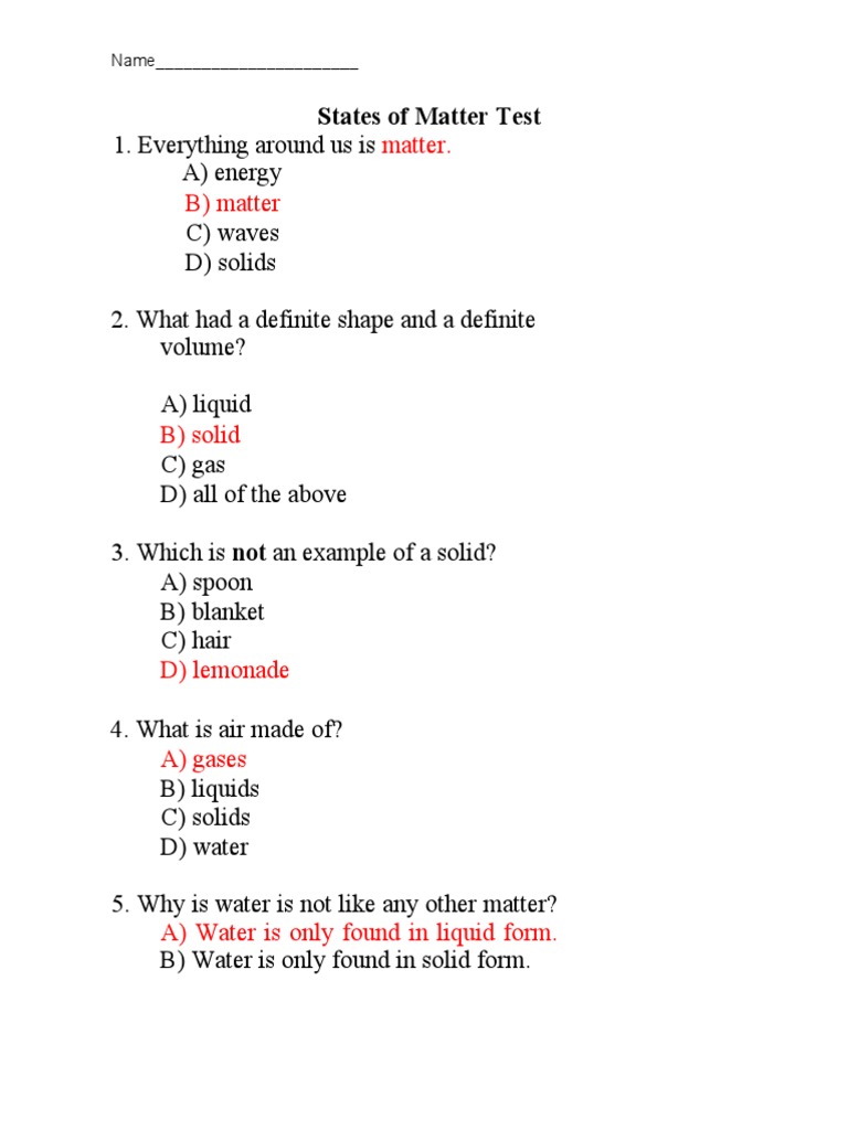 Matter. B) Matter: States of Matter Test | PDF