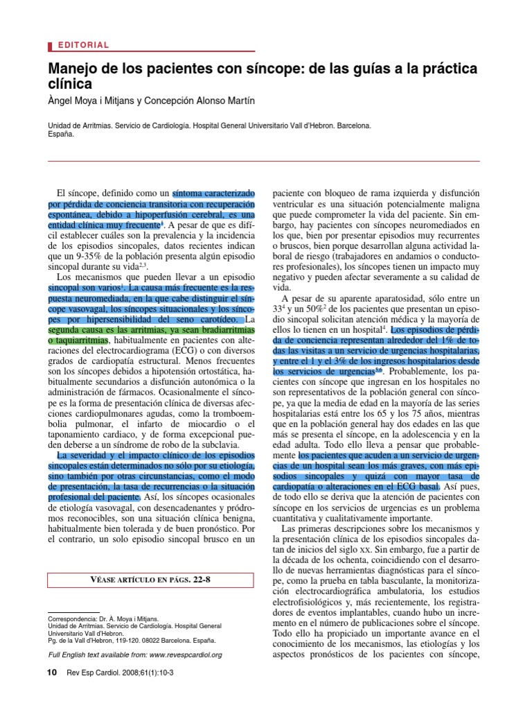 Manejo de Los Pacientes Con Síncope: de Las Guías A La Práctica Clínica ...