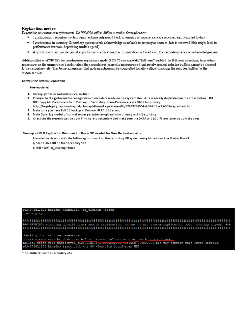 How To Setup Hana Db Replication From Primary To Secondary Sr Site Pdf Replication