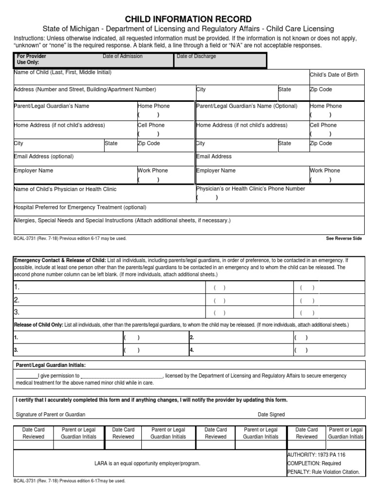 Lara Bcal 3731 Child Information Record 062315 492679 7 | PDF