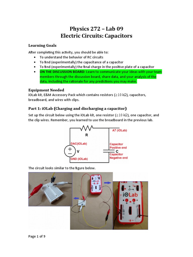 Physics 272 - Lab 09 Electric Circuits: Capacitors: Learning Goals | PDF | Capacitor ...