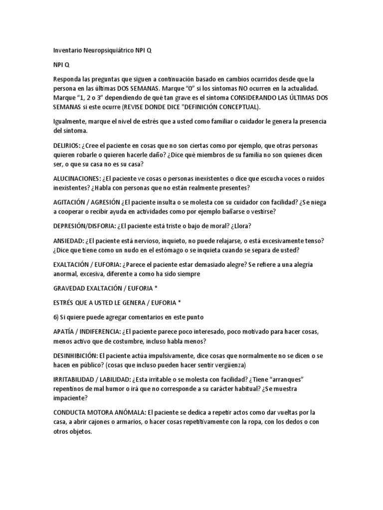 Evaluación Neuropsiquiátrica NPI Q | PDF | Estrés (biología) | Medicina ...