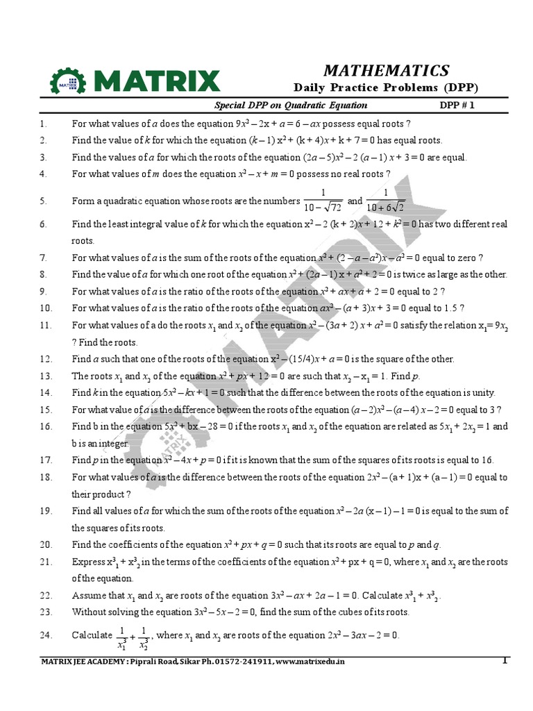 Mathematics: Daily Practice Problems (DPP) | PDF | Equations | Quadratic Equation