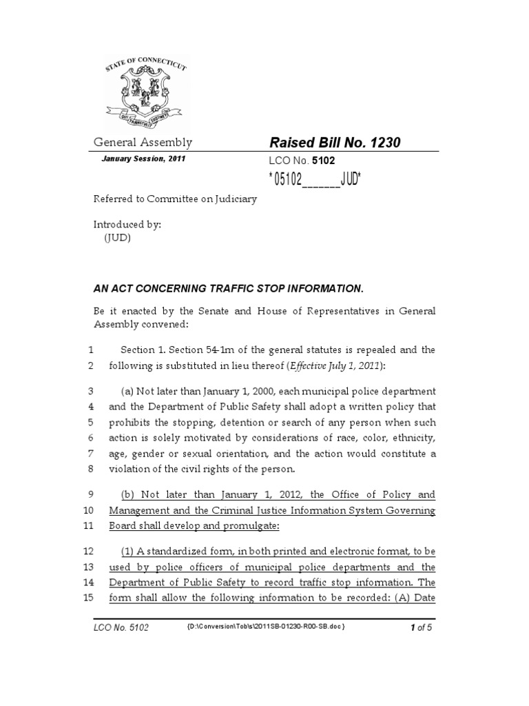 Raised Bill 1230 | PDF | Summons | Police