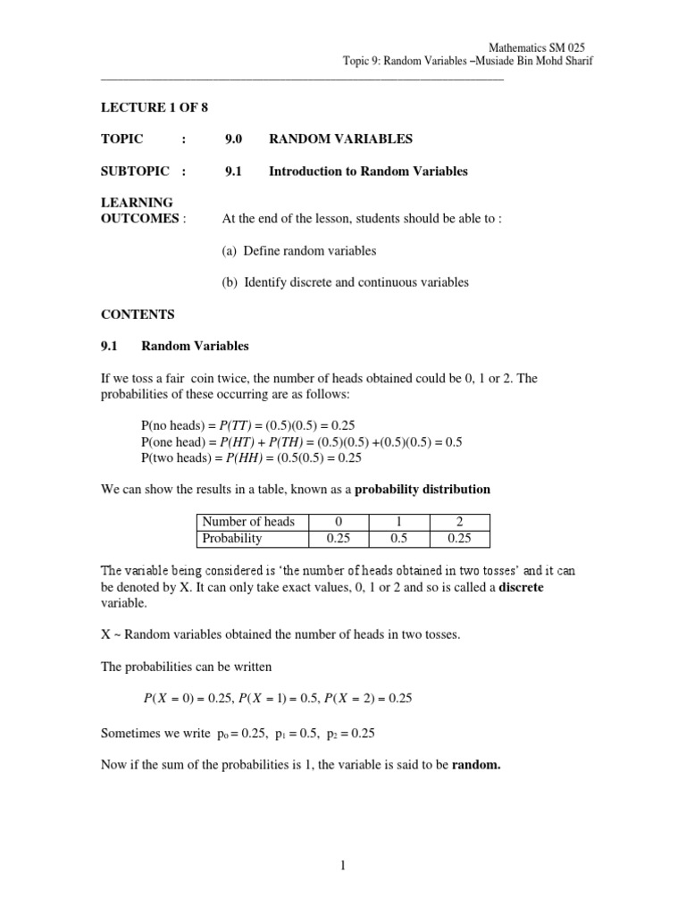 CHAPTER 9 - Random Variable Lesson 1 of 8 - Pelajar | PDF | Probability ...