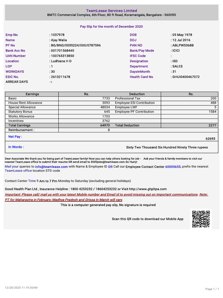 December 2020 PaySlip | PDF
