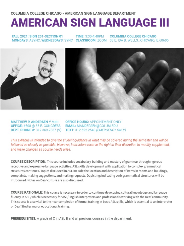 ASL III Syllabus (FA21) | PDF | American Sign Language | Teachers