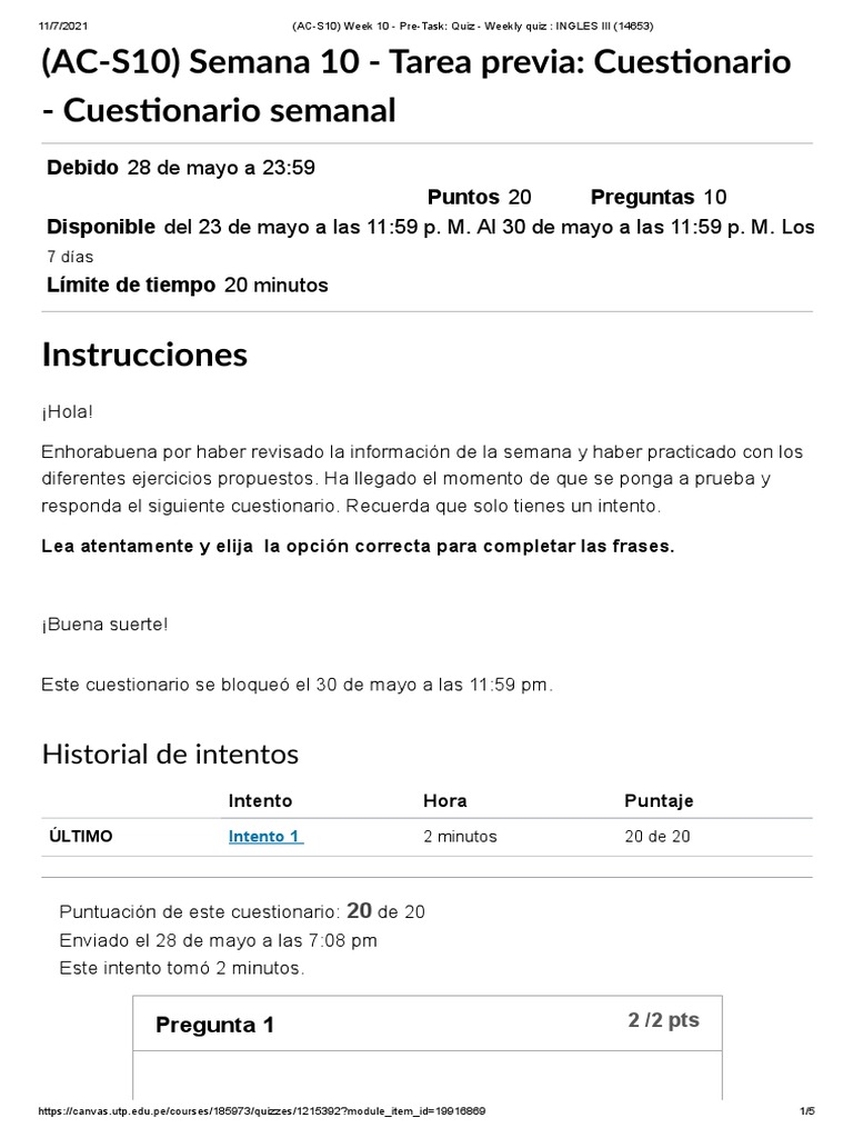 (AC-S10) Week 10 - Pre-Task - Quiz - Weekly Quiz - INGLES III (14653 ...