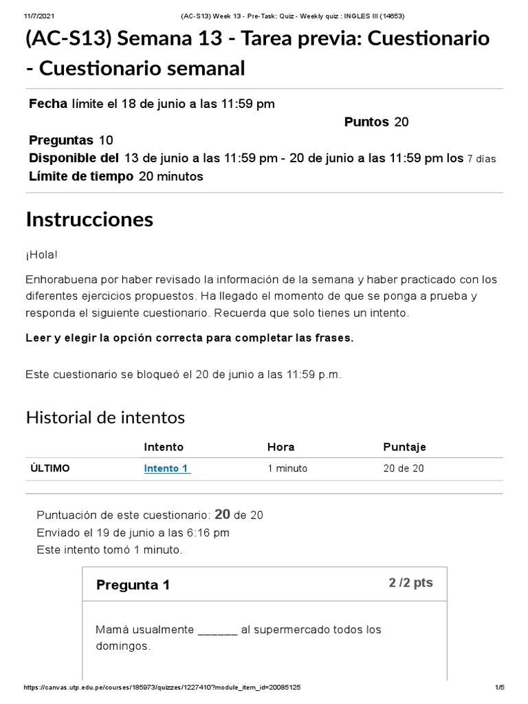 (AC-S13) Week 13 - Pre-Task - Quiz - Weekly Quiz - INGLES III (14653) | PDF