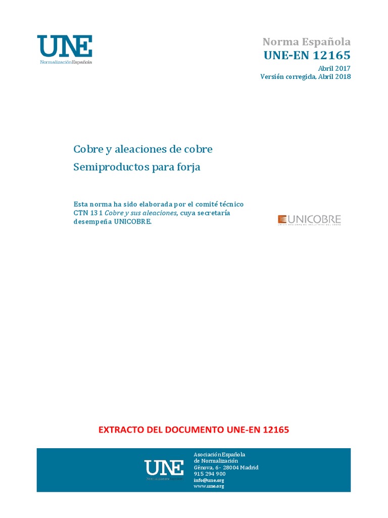 Cobre y Aleaciones de Cobre Semiproductos para Forja: UNE-EN 12165 ...