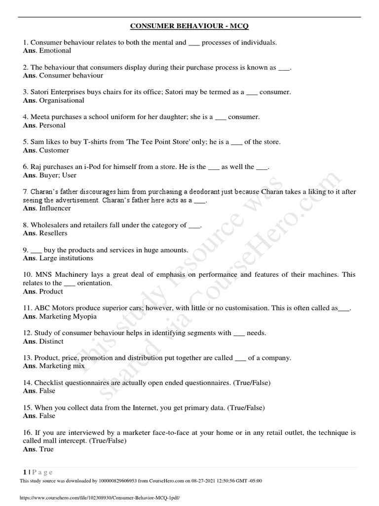 Consumer Behavior MCQ 1 PDF | PDF | Behavior | Consumer Behaviour