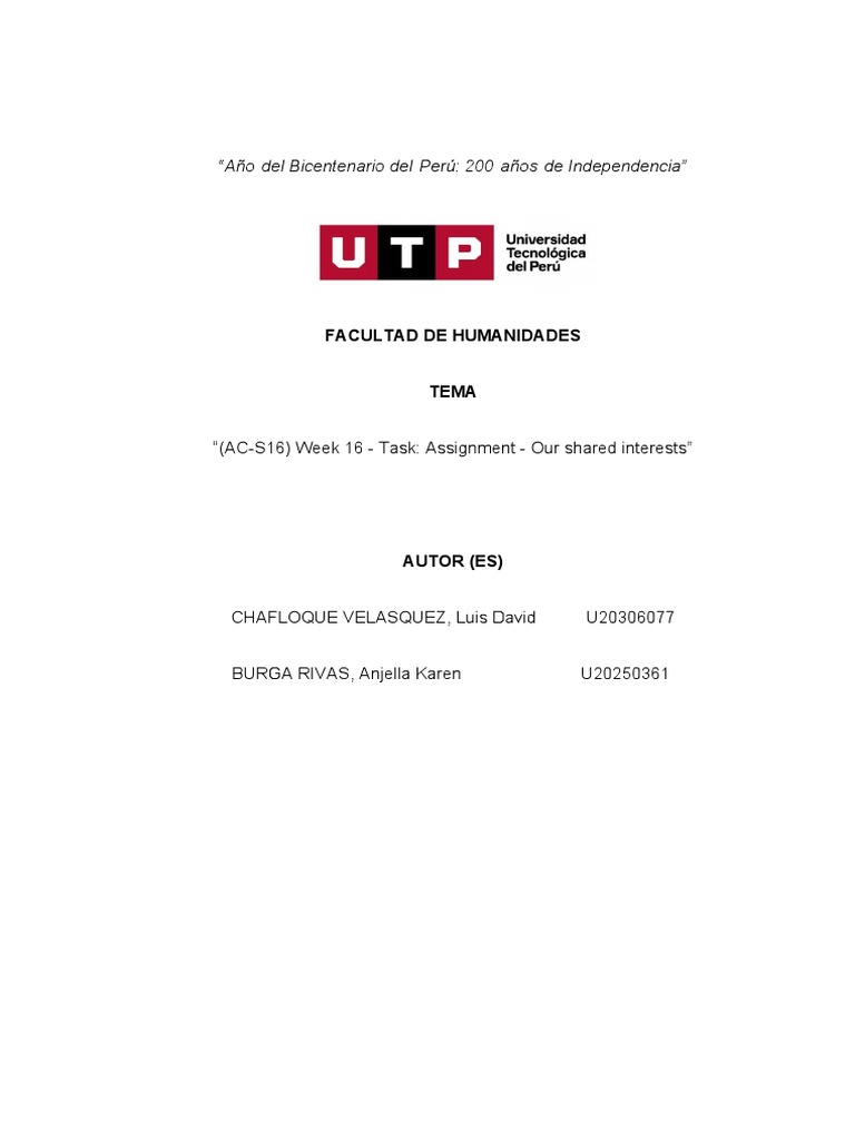 (AC-S16) Week 16 - Task Assignment - Our Shared Interests | PDF | Cooking, Food & Wine