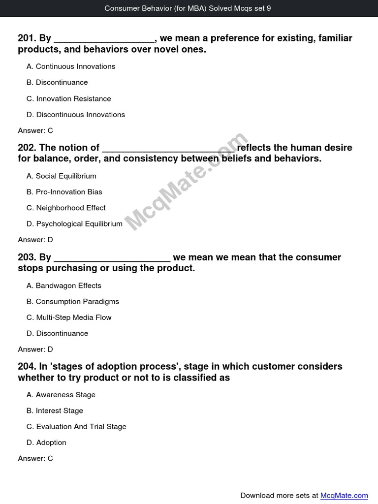 Consumer Behavior (For MBA) Solved Mcqs Set 9 | PDF | Consumer ...