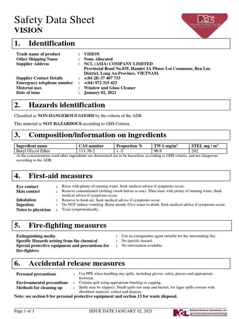 Vision Window Cleaner Safety Data Sheet | PDF | Personal Protective ...