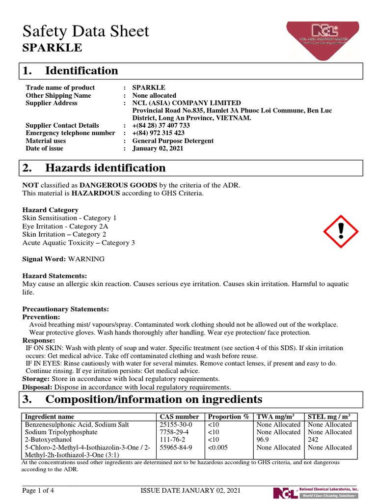 Sparkle - Safety Data Sheet (SDS) - 2021 Eng | PDF | Personal Protective Equipment | Dangerous Goods