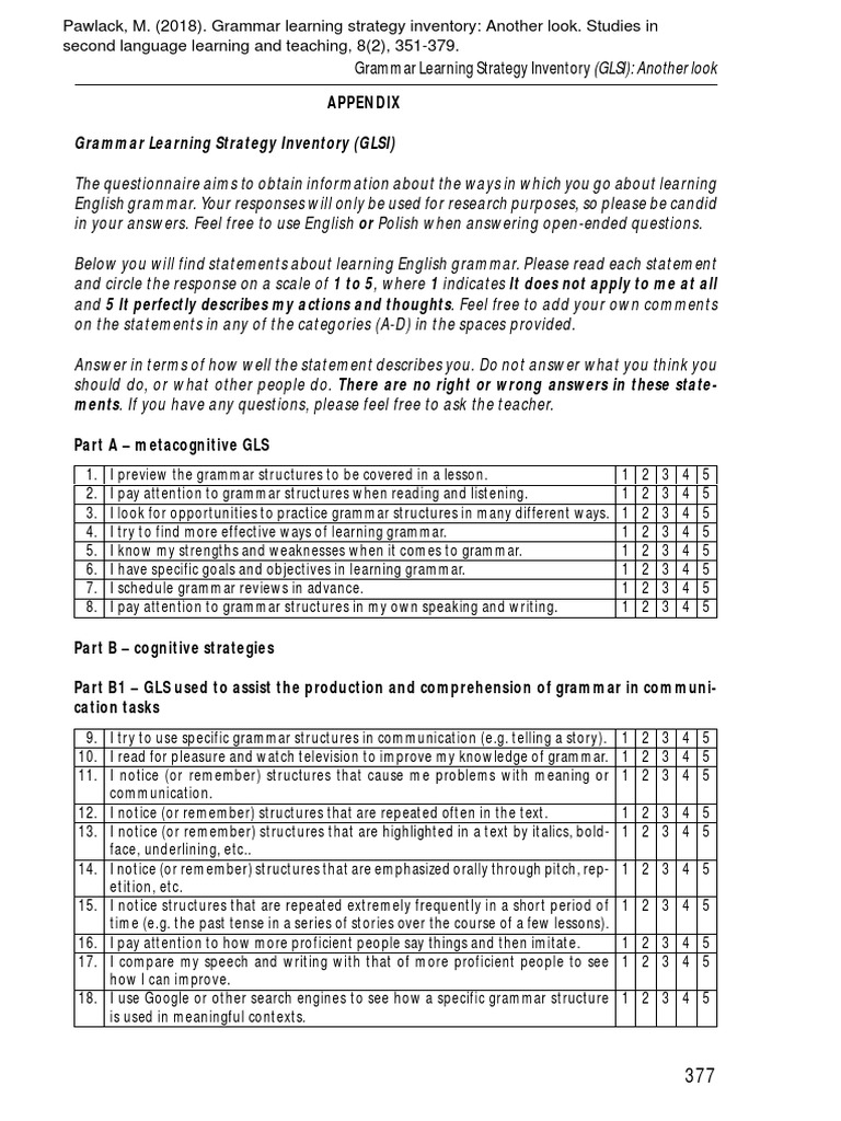 Grammar Learning Strategy Inventory | PDF | Second Language | Grammar